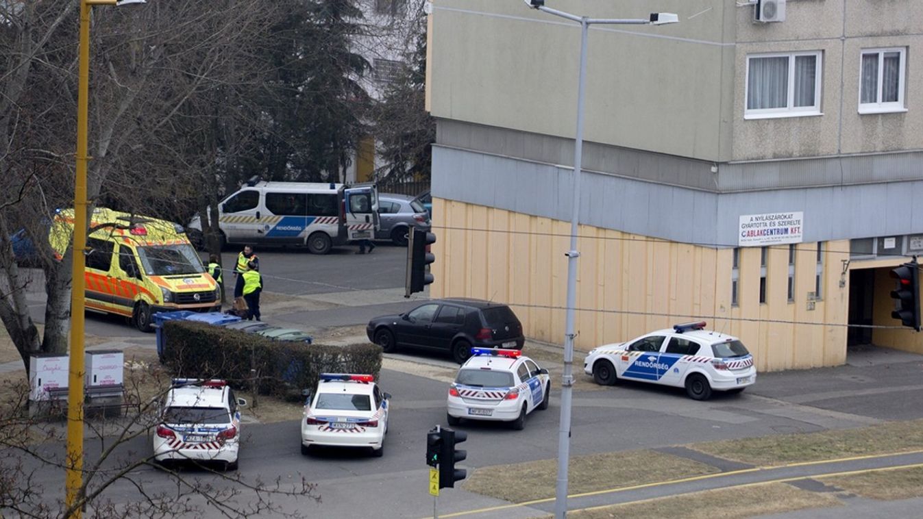 Öt rendőrautó, szirénázó mentő a győri Szigethy Attila úton - fotó