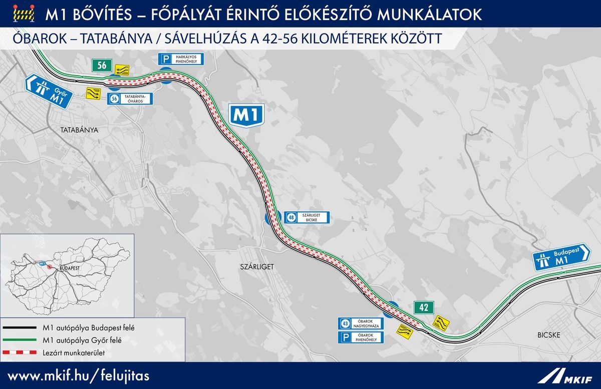 Autópálya bővítés - Az M1-esen ideiglenes gyorsítósávokat építenek - térkép